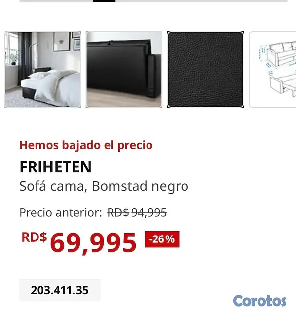 Corotos | Vendo Sofá Cama de 3 plazas en piel color negro de Ikea